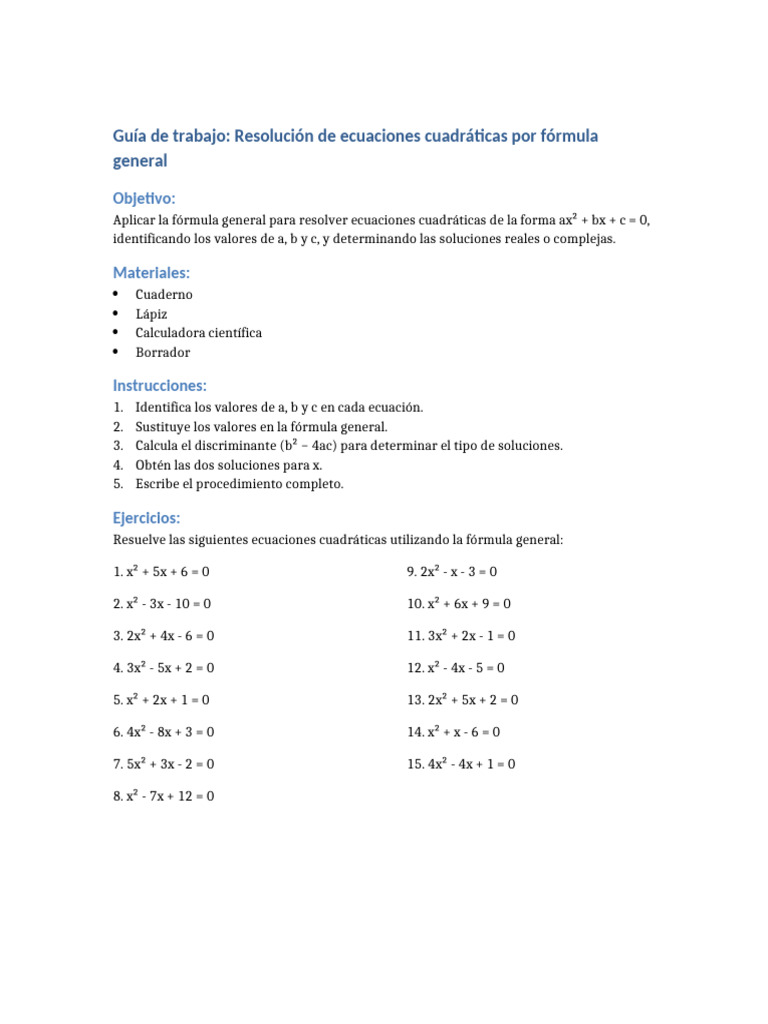 Guia Ecuaciones Cuadraticas Formula General | PDF