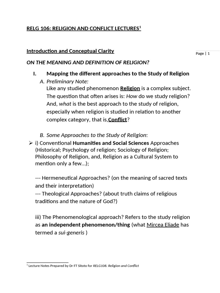 RELG 106, Notes On Religion Conflict, Introduction Continued ... TS ...