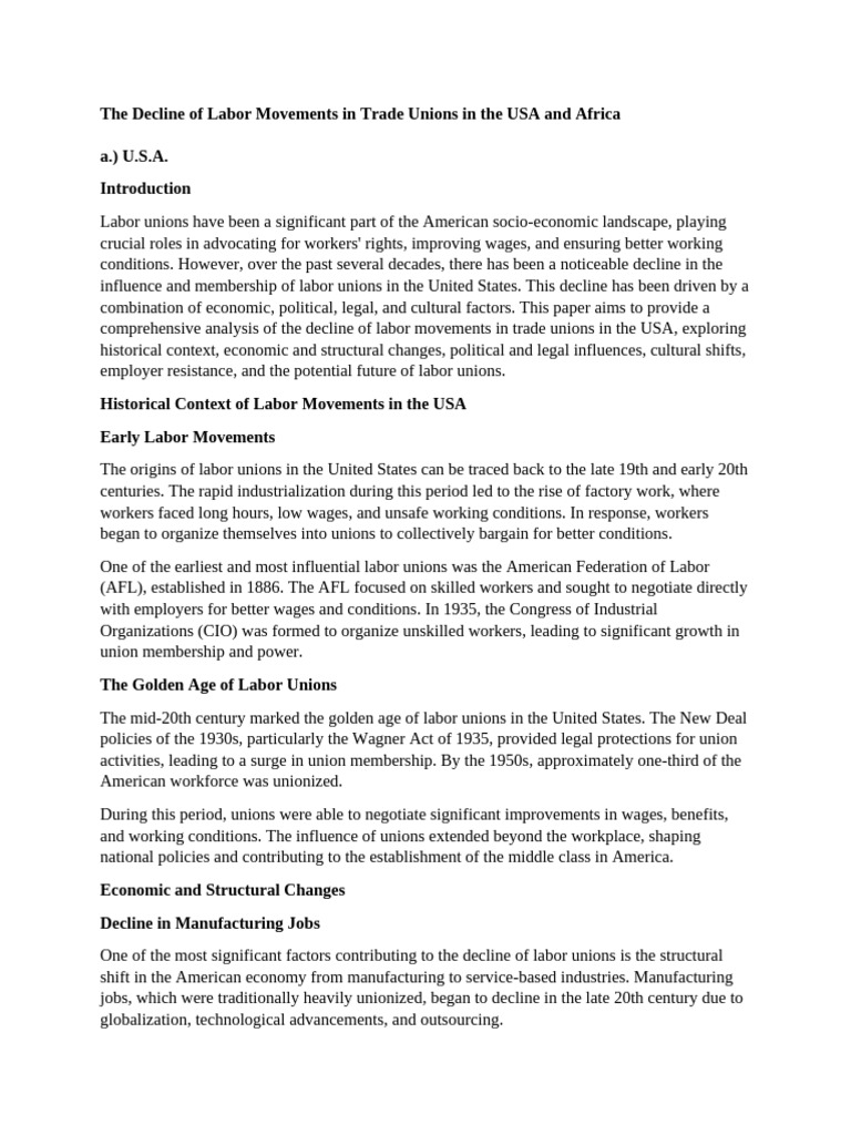The Decline of Labor Movements in Trade Unions in The USA and Africa ...