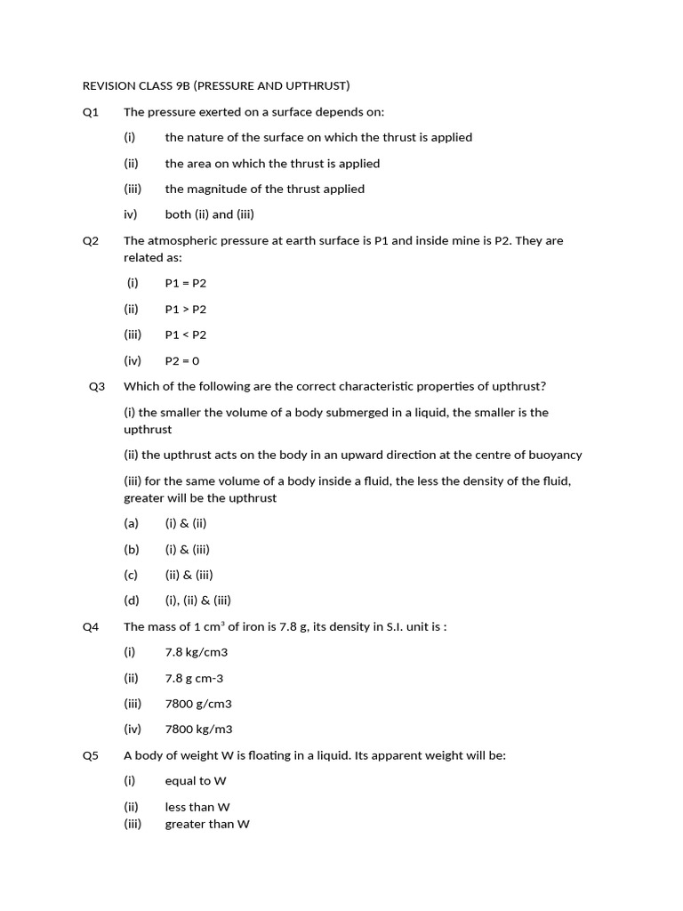Pressure in Fluids and Upthrust | PDF | Pressure | Buoyancy