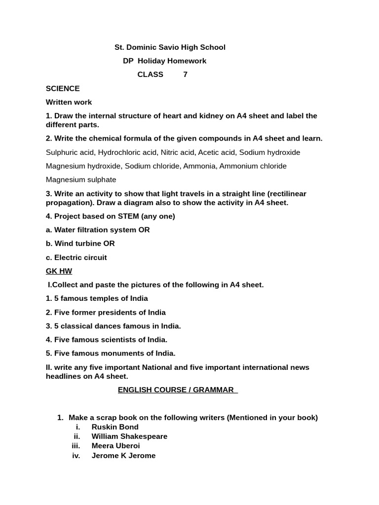 Class 7 Holiday Homework | PDF