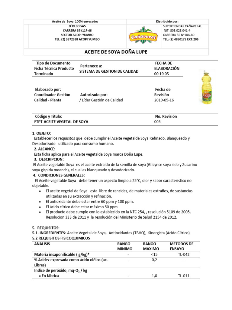 Ficha Técnica Aceite de Soya Doña Lupe | PDF | Petróleo | Hidrocarburos