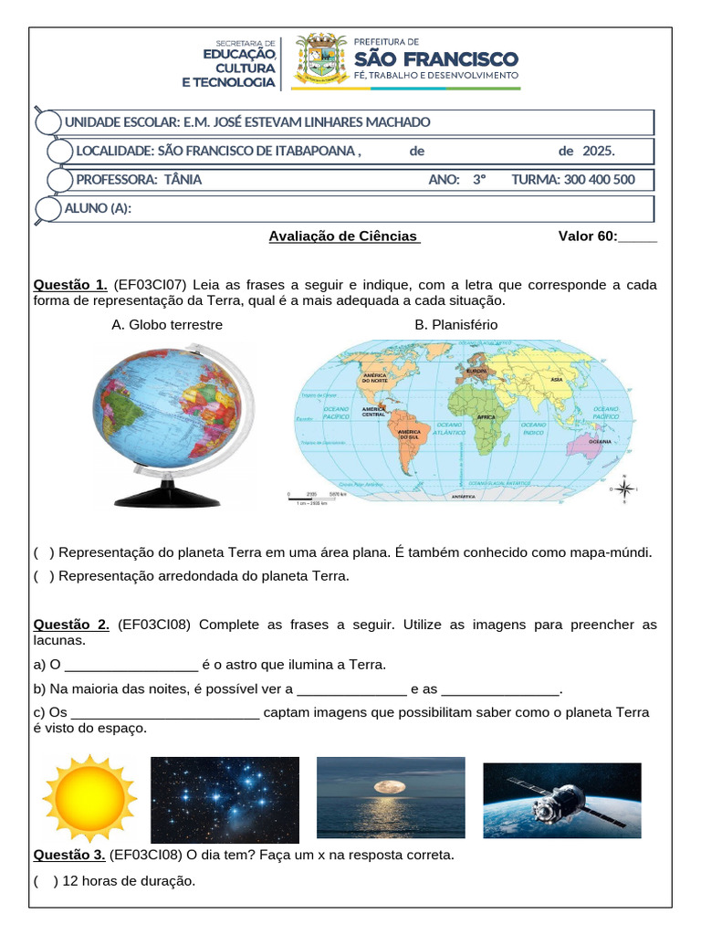 Avaliação de Ciências 3º Ano. | PDF
