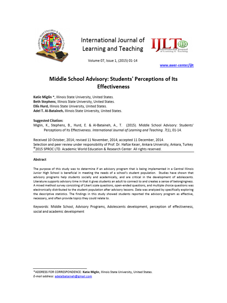 Middle School Advisory Students Perceptions of It | PDF