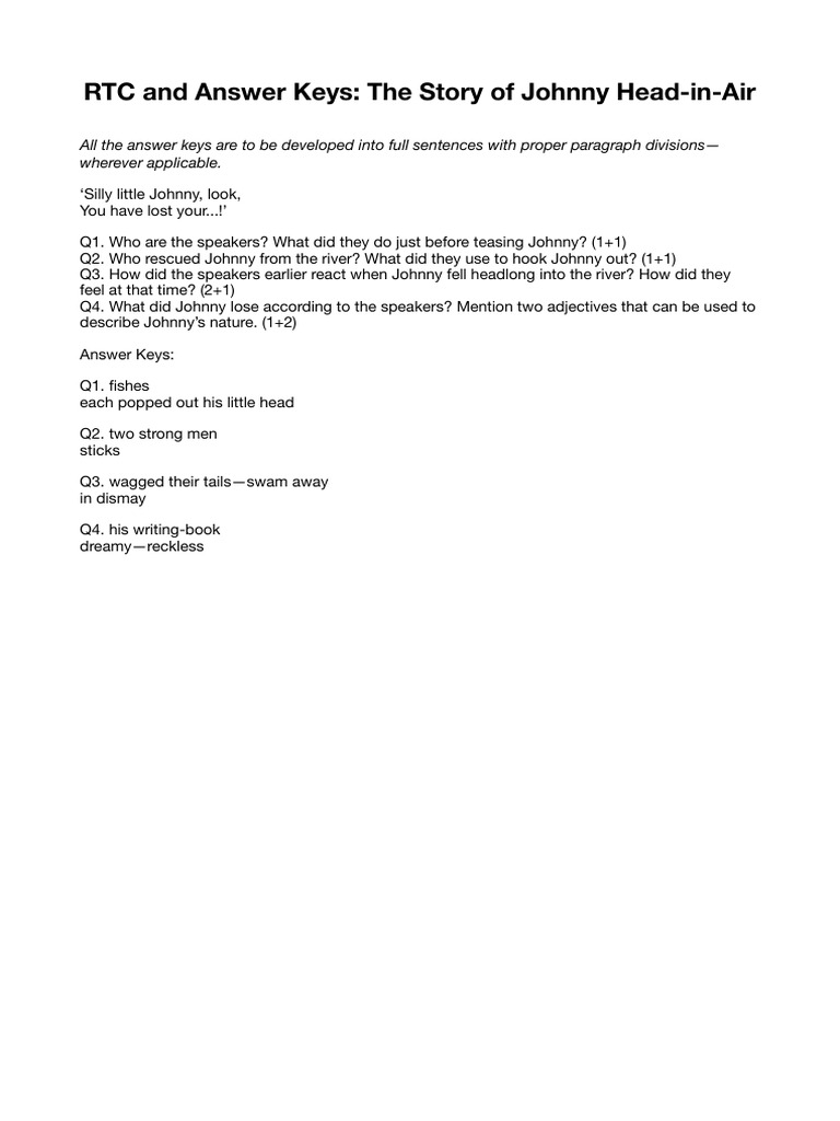 RTC and Answer Keys —the Story of Johnny Head-In-Air | PDF