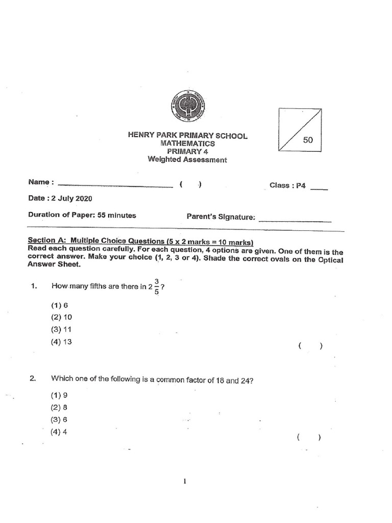 P4 Maths CA2 2020 Henry Park Exam Papers | PDF