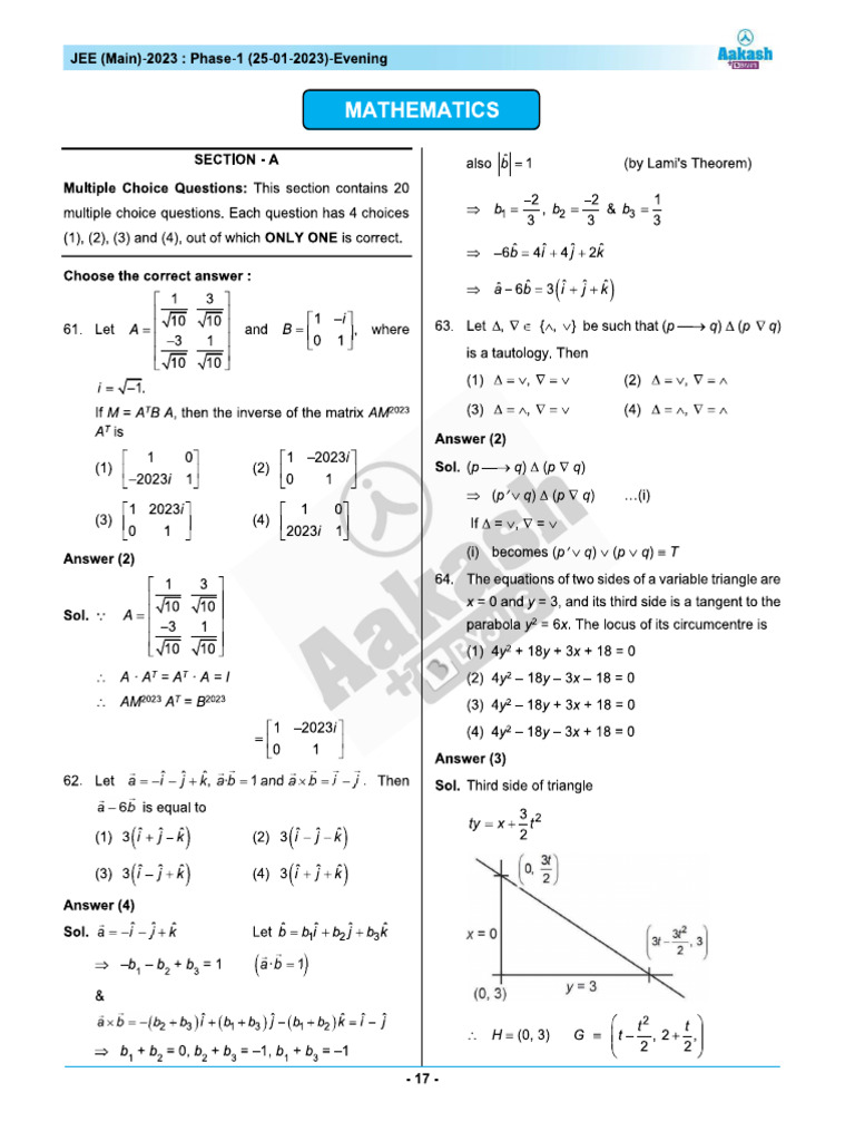 Ans&Sol JEE (Main) - 2023 (Ph-1) 25-01-2023 (Evening) Math | PDF