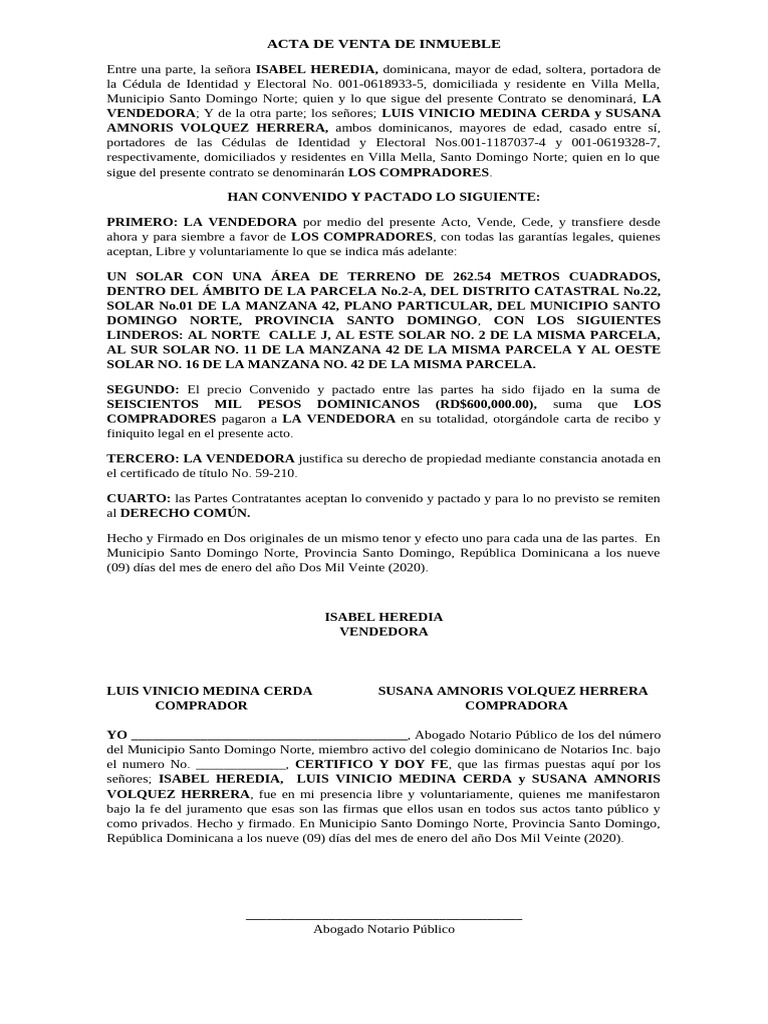 Acta de Venta de Inmueble Isabel Heredia | PDF