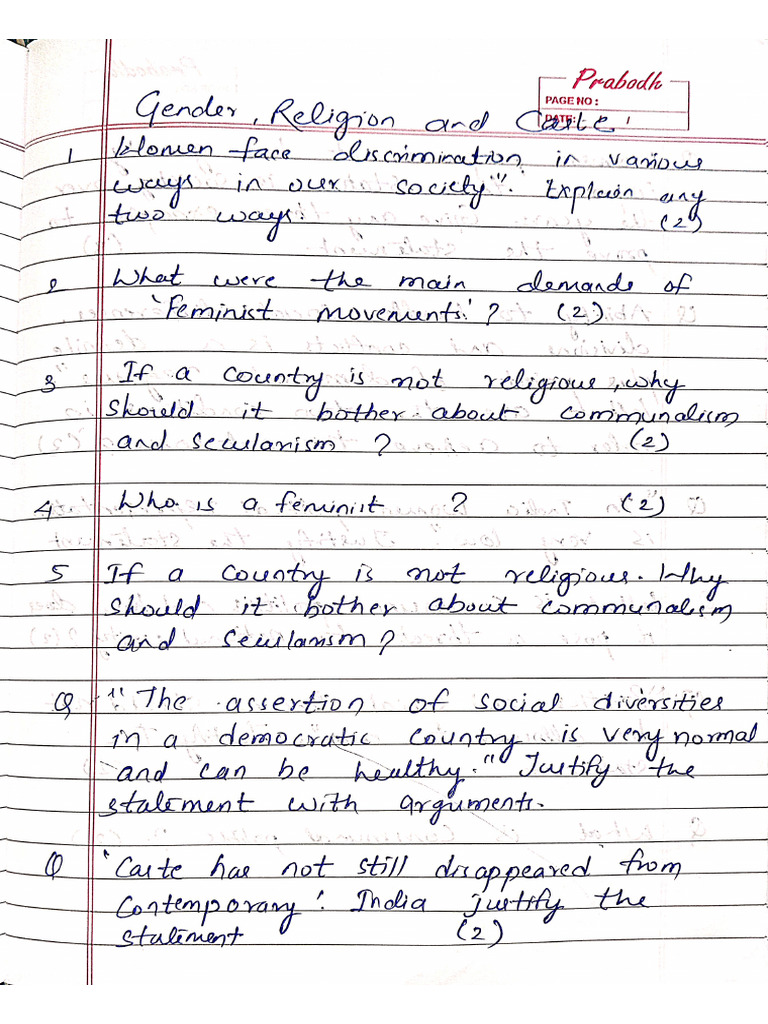 Sample Paper Civics Chapter 3 Gender Religion and Caste | PDF