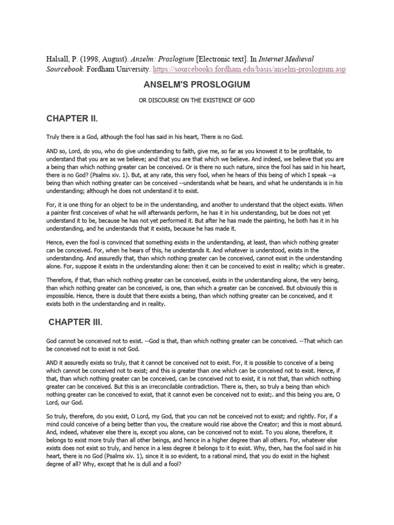 Argument For The Existence of God - Anselm | PDF | God | Theology