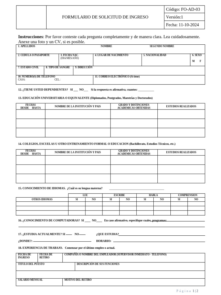 FO-AD-03 - Formulario de Solicitud Empleo | PDF