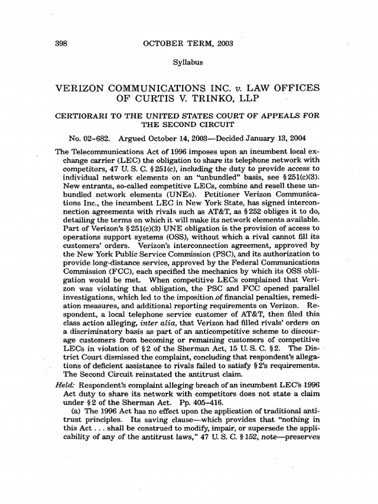 Verizon Communications V Law Offices of Curtis v. Trinko | PDF ...