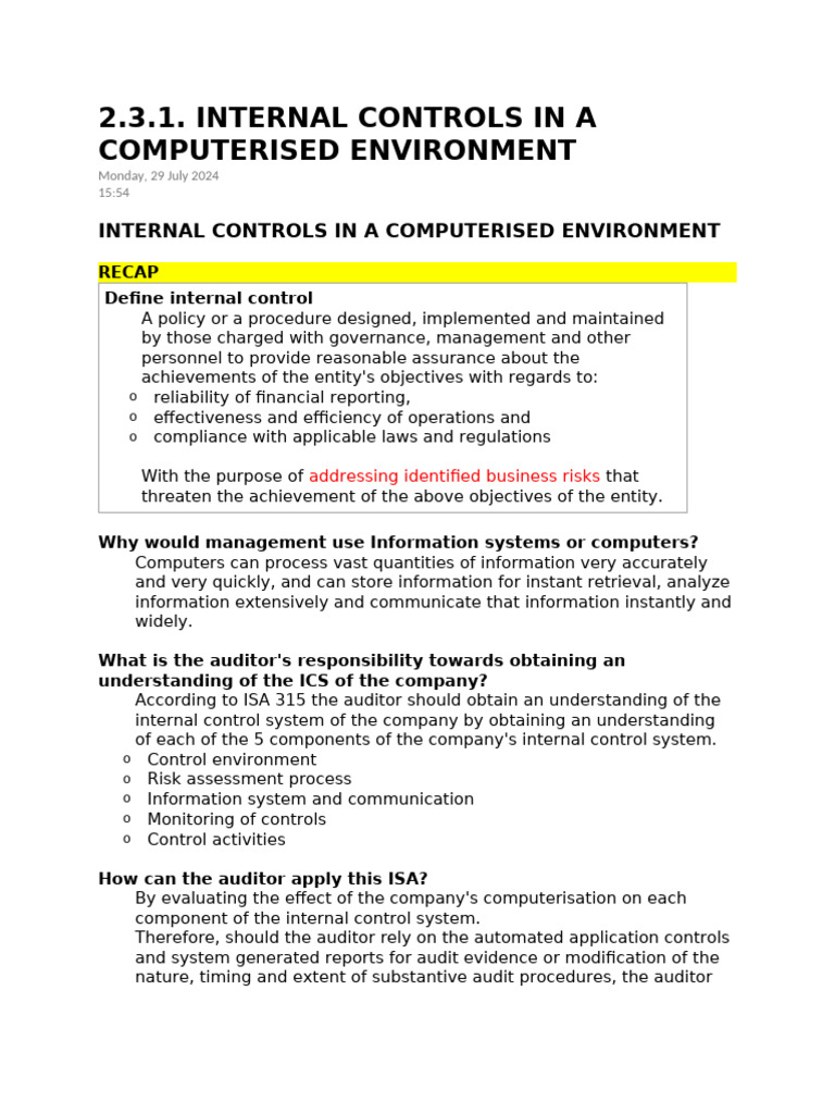 2.3.1. Internal Controls in A Computerised Environment | PDF | Internal ...