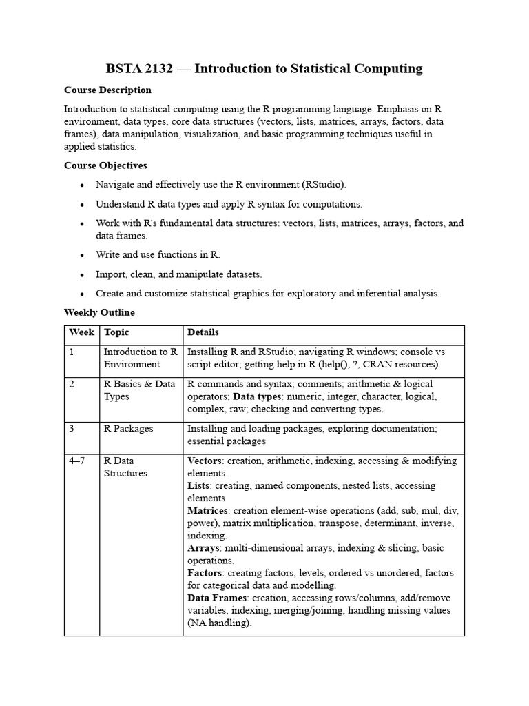 BSTA 2132: Intro to Statistical Computing | PDF | R (Programming ...