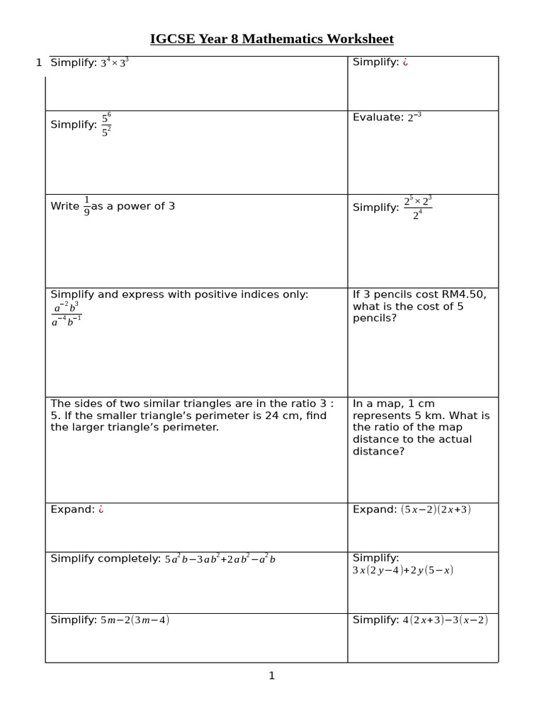 IGCSE Year 8 Mathematics Worksheet | PDF