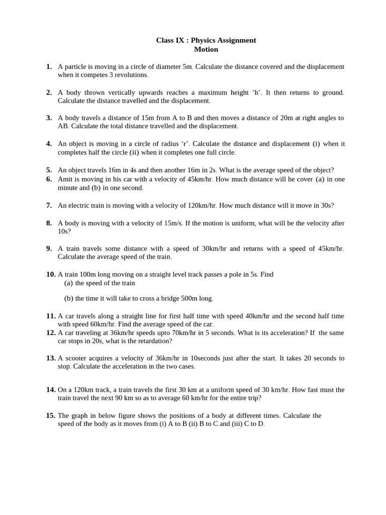 Class 9 Motion Assignment | PDF | Speed | Acceleration