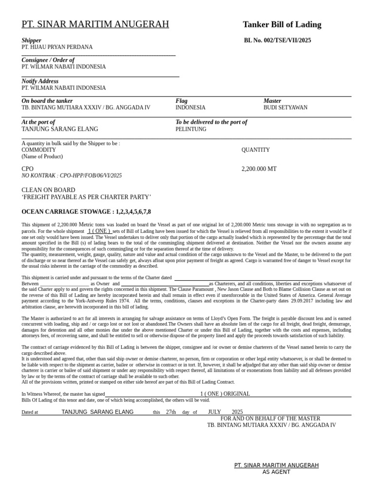 Bl Anggada IV Tse 22 Juli 25 | PDF | Cargo | Private Law