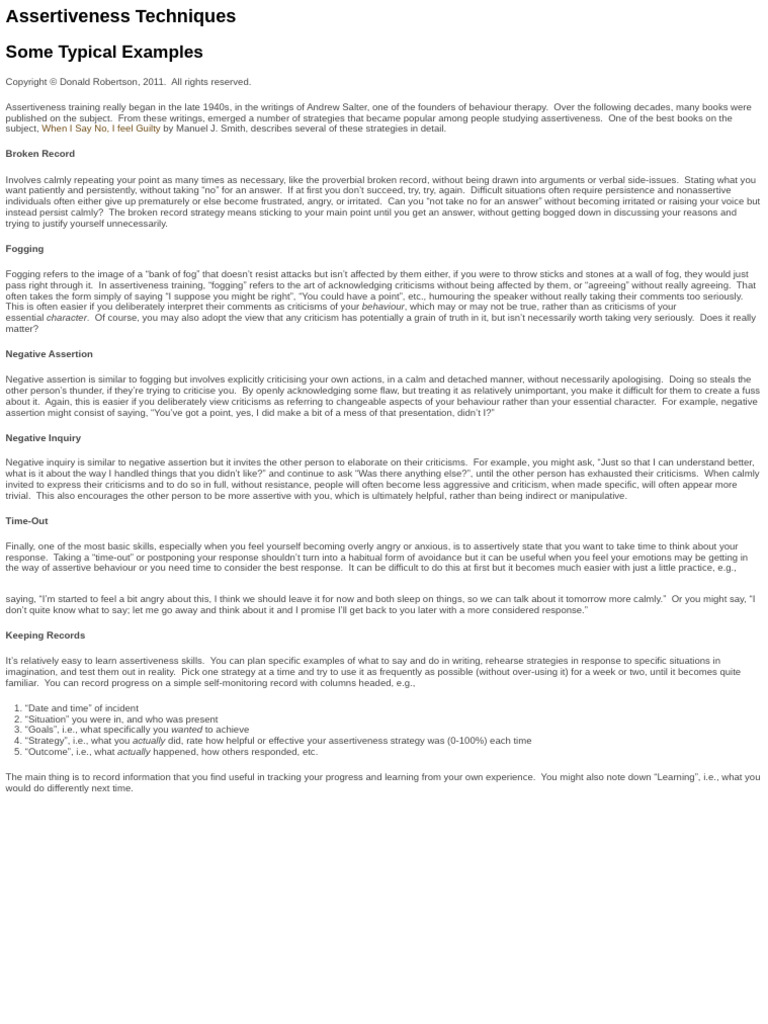 Assertiveness Techniques - Some Typical Examples - London Cognitive-Behavioural Therapy (CBT ...