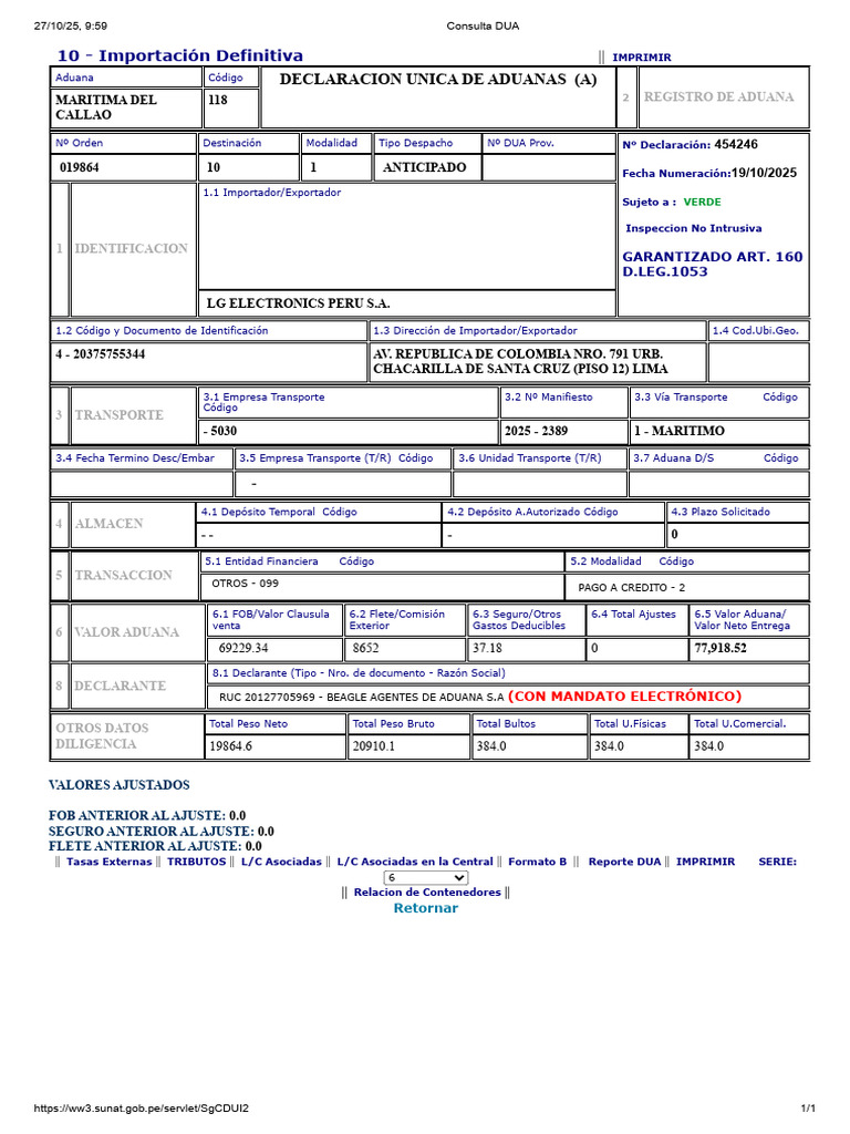 Importación Definitiva DUA 454246 | PDF | El comercio internacional ...