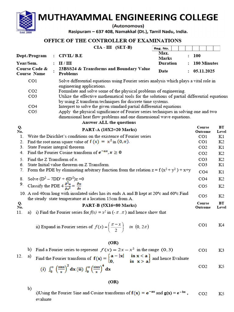 CIA 3-SET B civil | PDF | Partial Differential Equation | Fourier Series