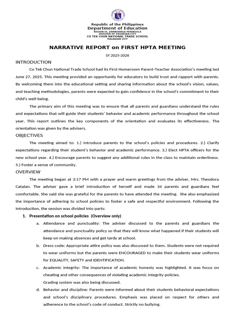 First HPTA Meeting Report | PDF | Academic Integrity | Learning