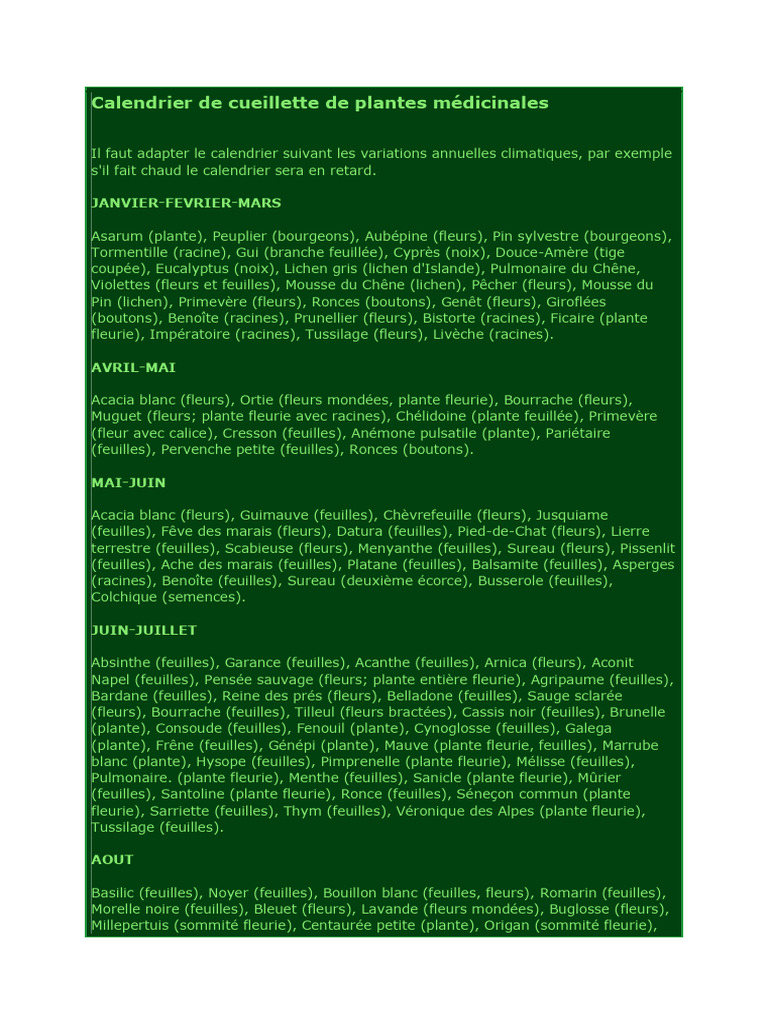 Calendrier de cueillette des plantes médicinales | PDF | Herbes et ...