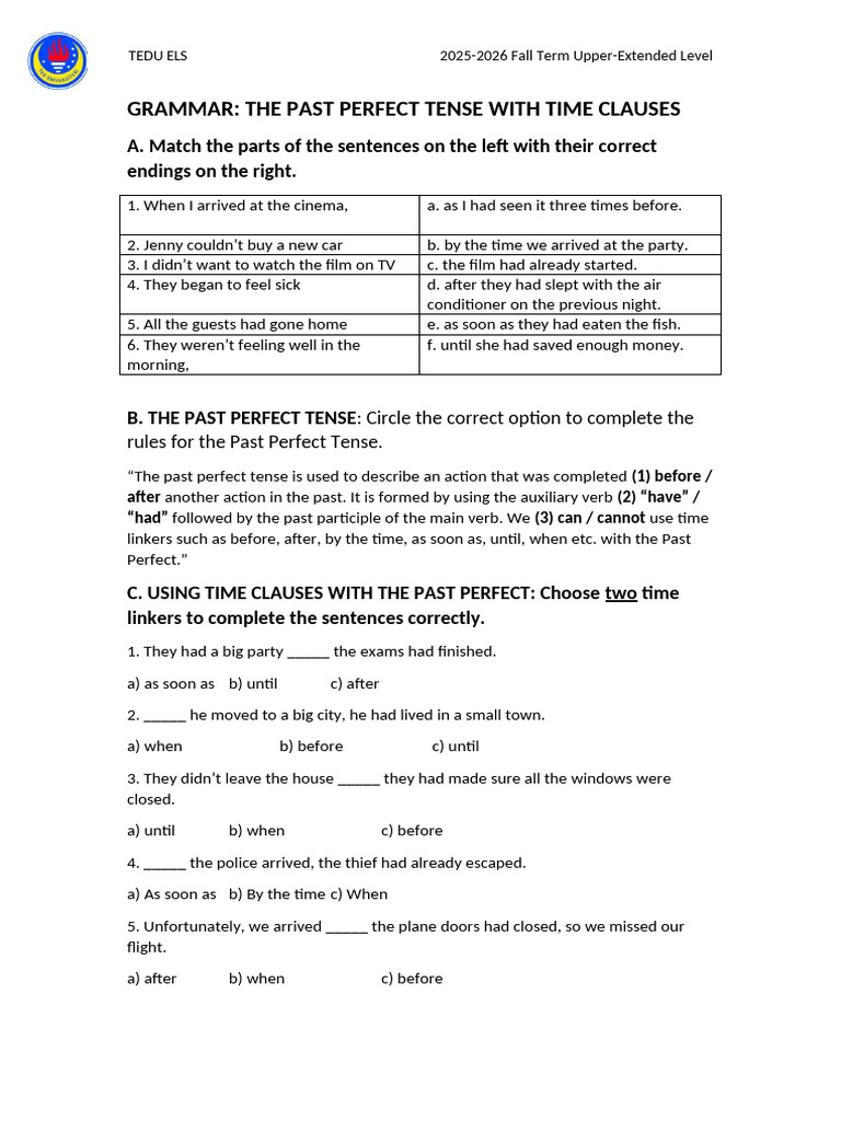 2025-2026 - Fall Term - UPP - Ext - M1 - W2 - Grammar (Past Perfect ...