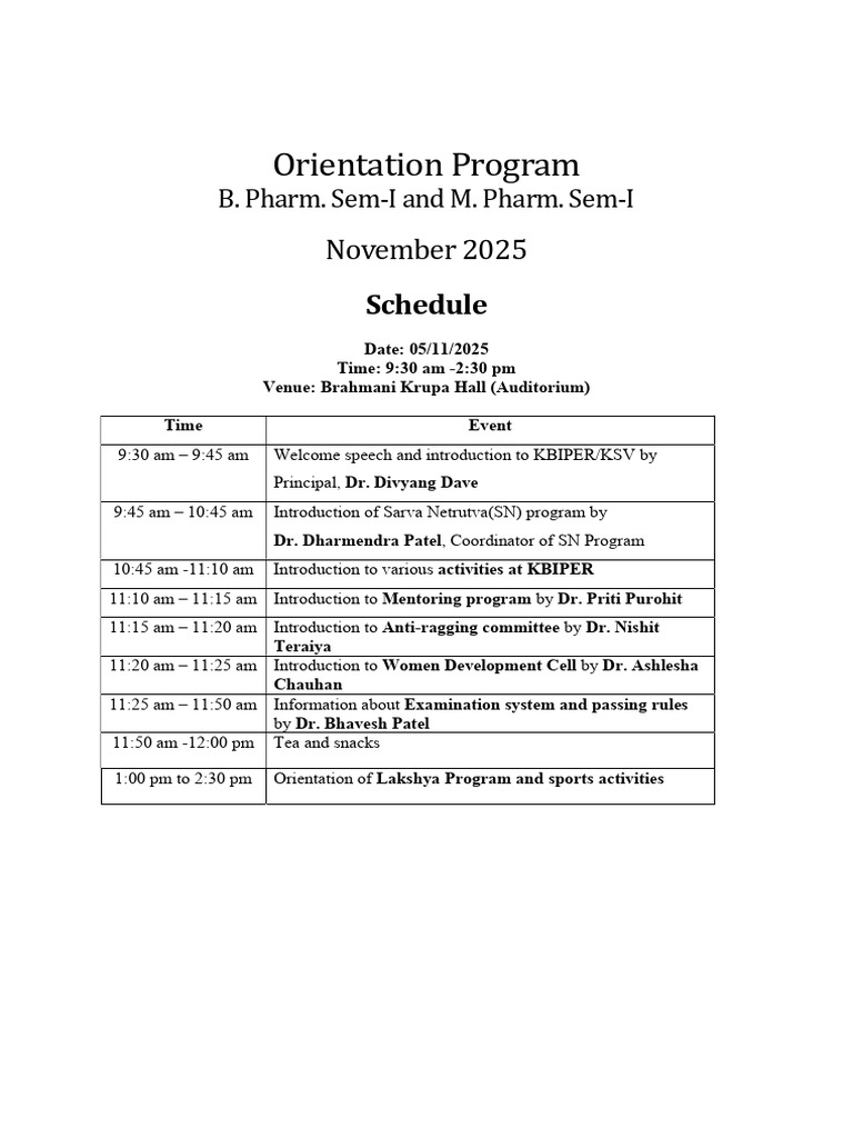 Schedule For BPS1-MPS1 Orientation-Nov 2025 | PDF