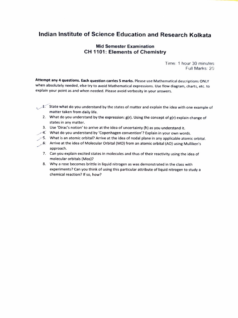 CH1101 Mid-Semester Exam 2022 | PDF