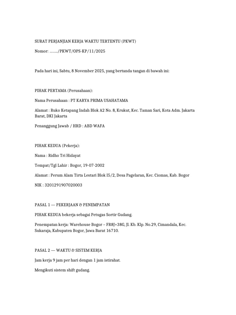 Surat Perjanjian PKWT PT Karya Prima | PDF