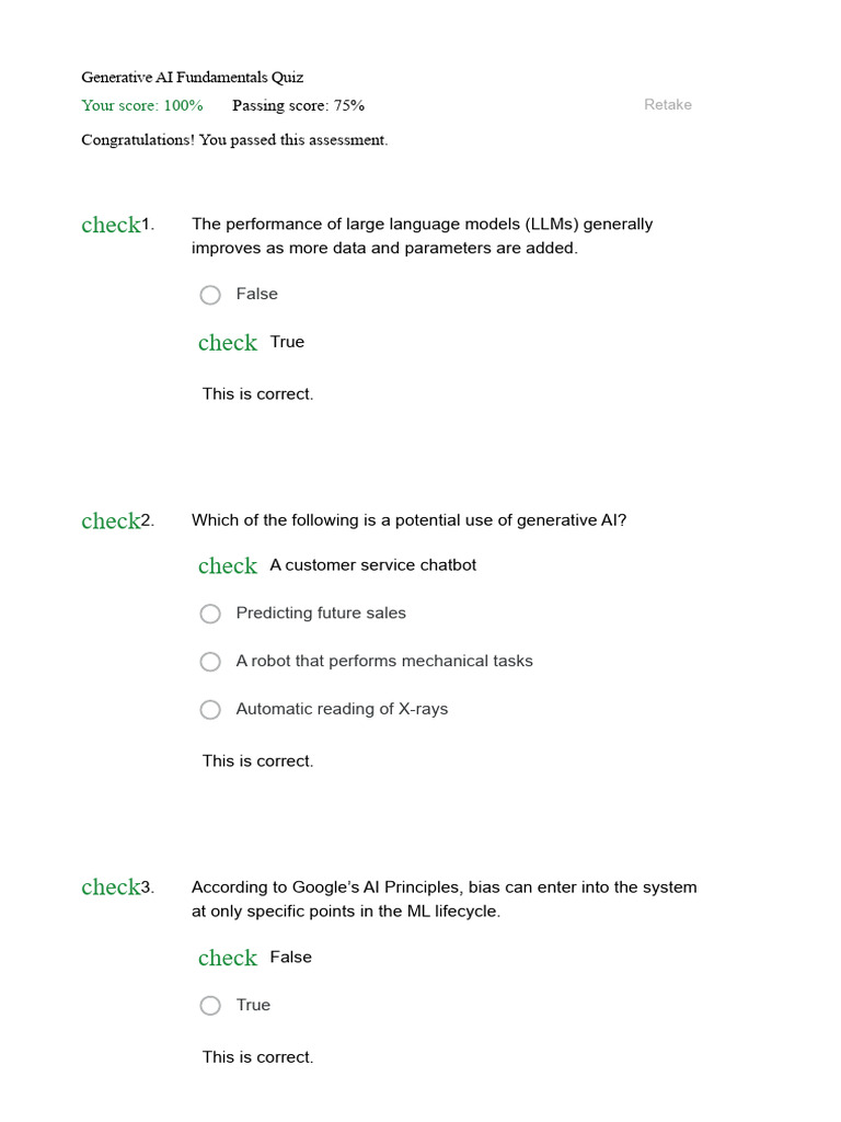 Generative AI Fundamentals Quiz - Google Cloud Skills Boost | PDF ...