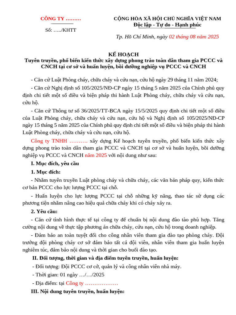 1. Mẫu Kế Hoạch - Biên Bản - Báo Cáo Tuyên Truyền Pccc 2025 | PDF