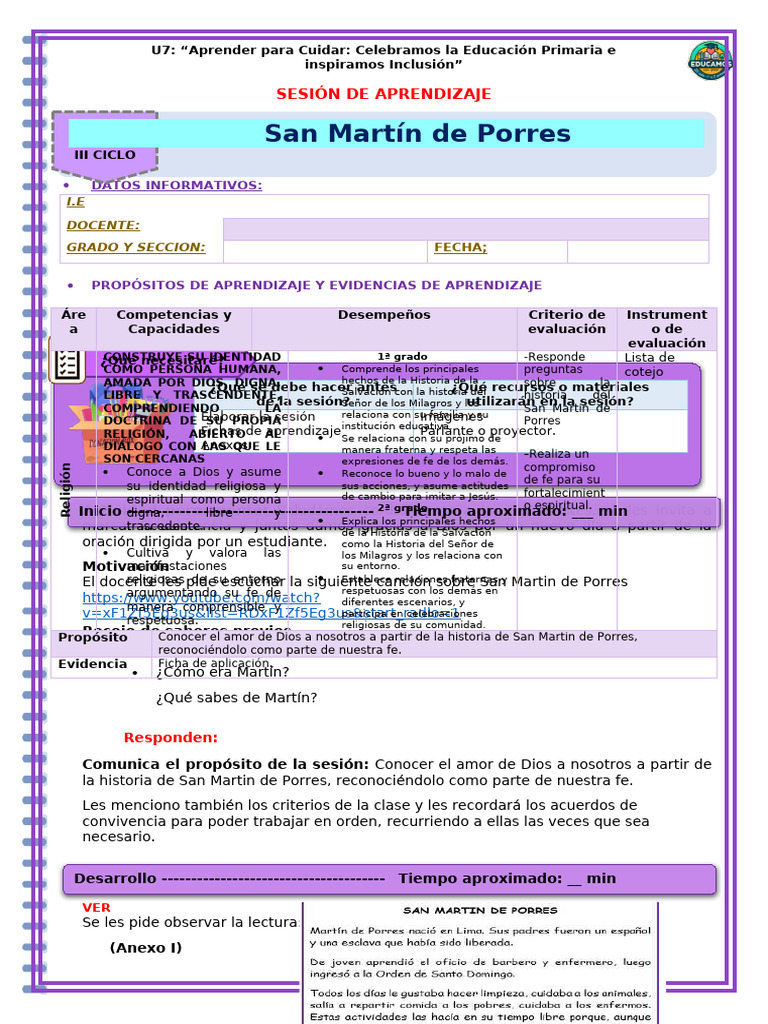 u7 Sesion d5 Religión San Martin de Porres | PDF | Amor | Aprendizaje