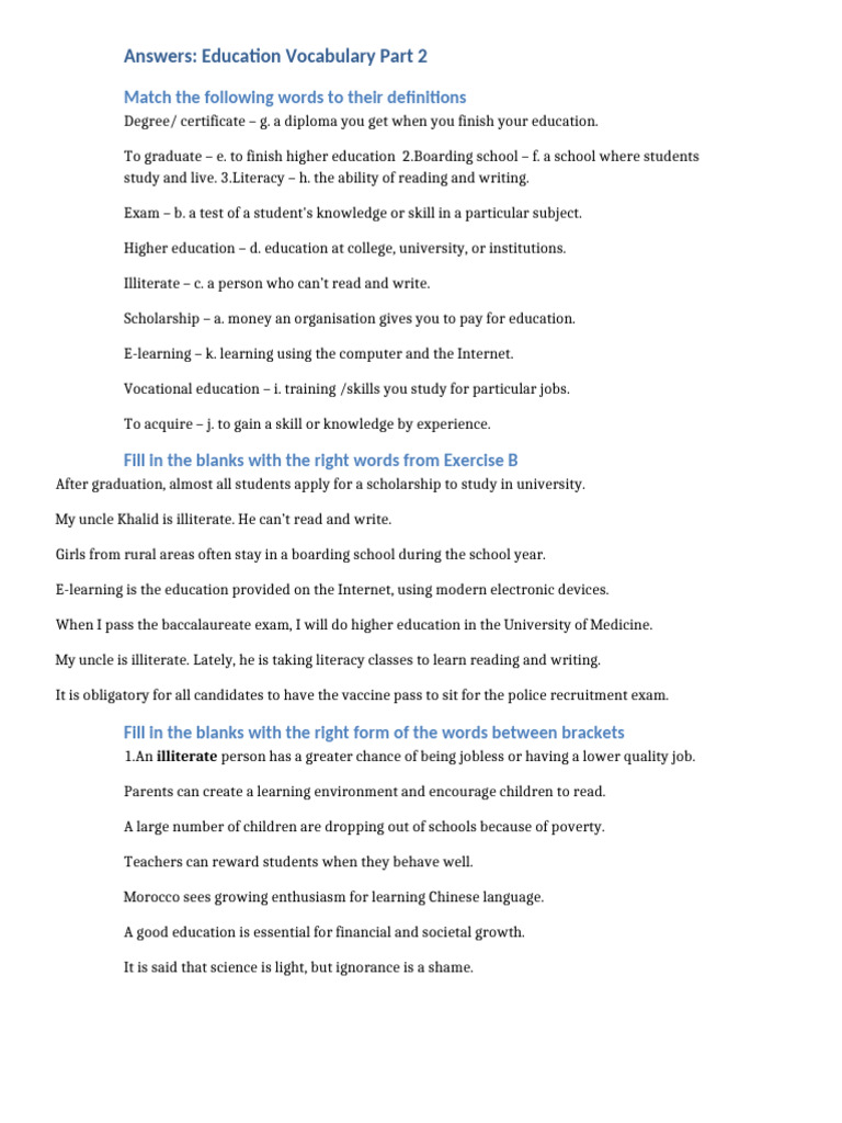 Education Vocabulary Part2 Answers | PDF