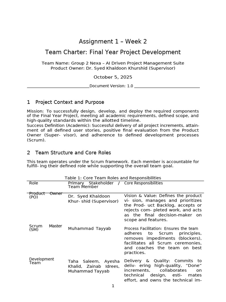 Final Year Project Team Charter Assignment 1 LST | PDF | Scrum (Software Development)