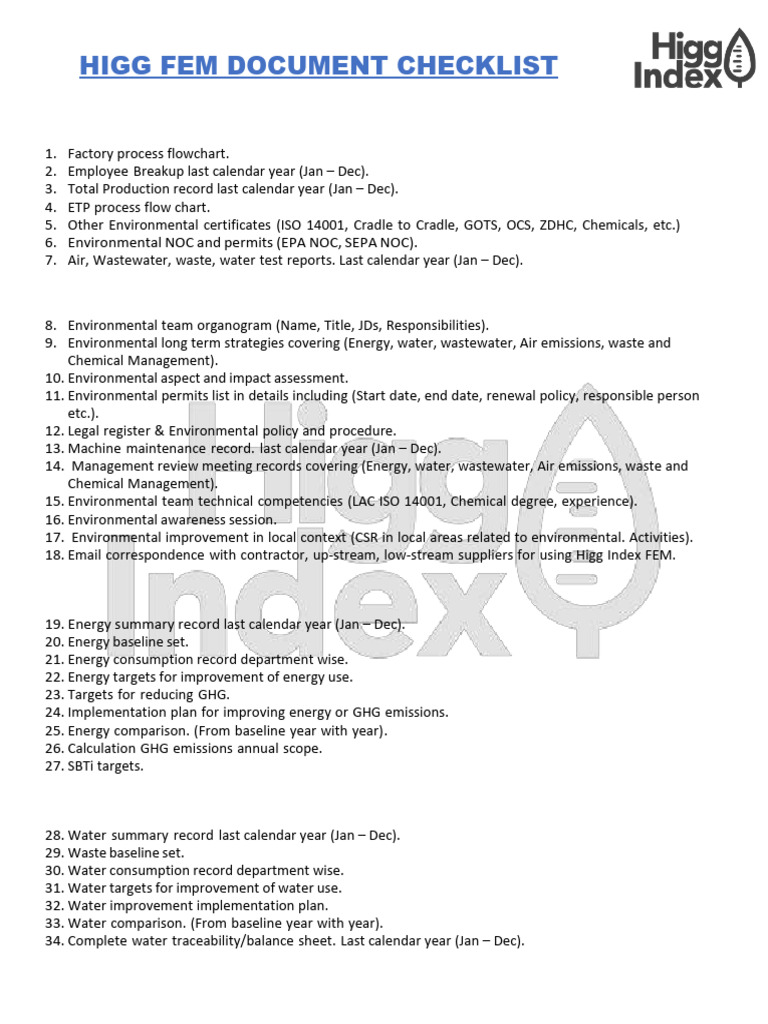 Higg FEM Compliance Document Checklist | PDF | Waste | Natural Environment