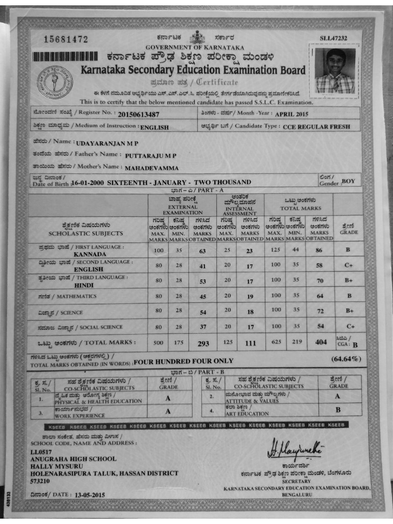 SSLC Mark's Card | PDF