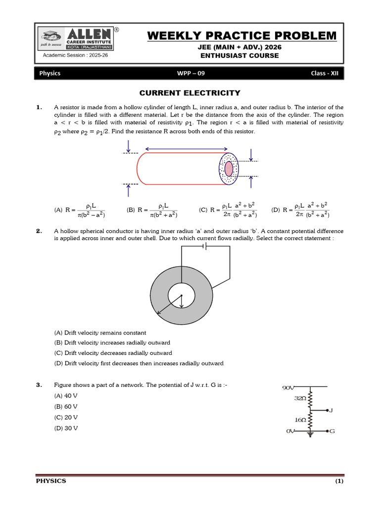 Weekly Practice Problem: Current Electricity | PDF | Voltage | Resistor