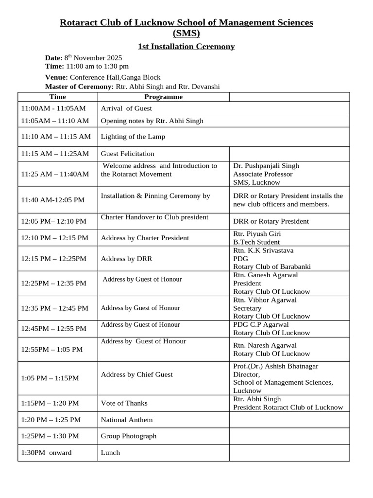 Schedule, Rotract Installation Ceremony | PDF | Clubs And Societies