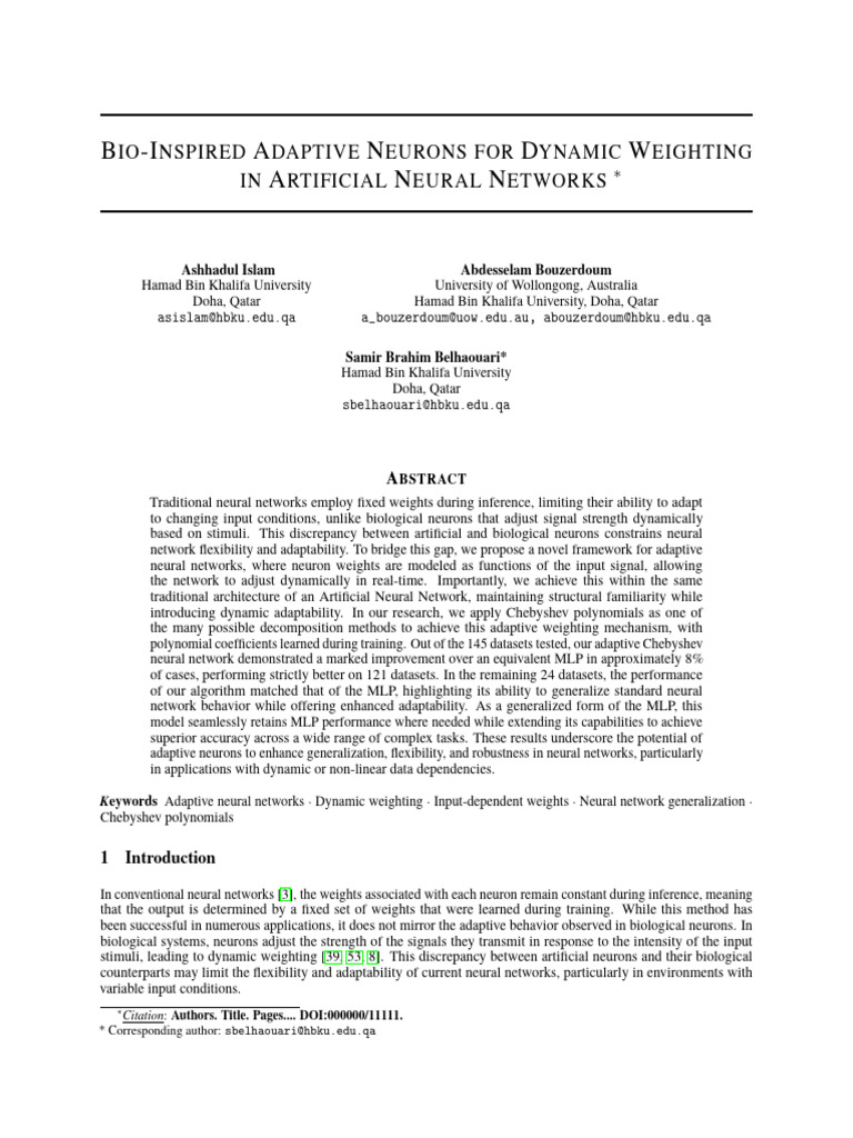 Bio-Inspired Adaptive Neurons For Dynamic Weighting | PDF | Action ...