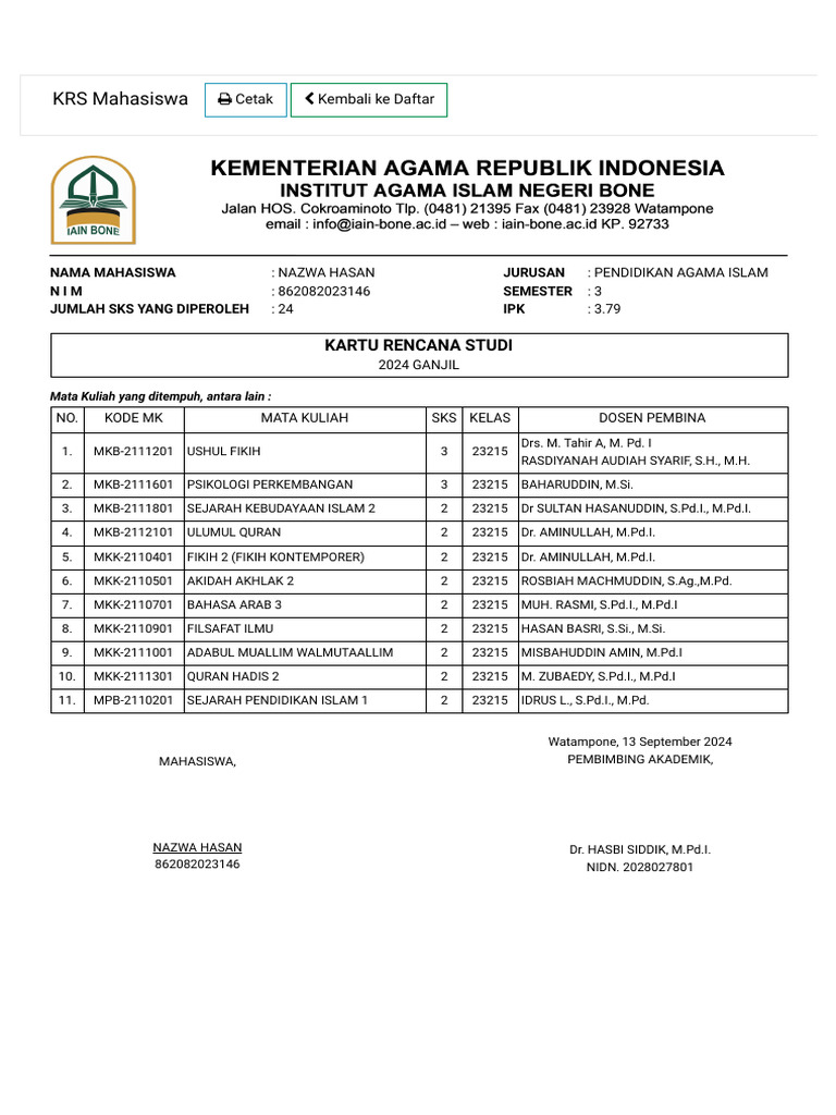 Kartu Rencana Studi Nazwa Hasan 2024 | PDF