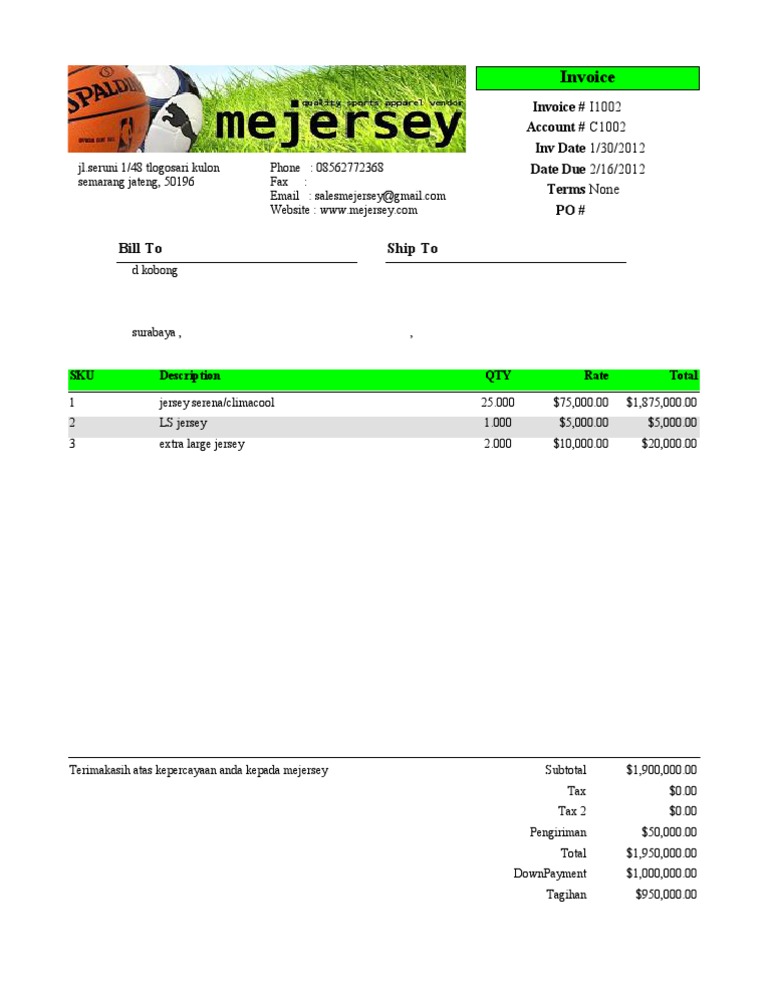 Invoice for Jersey Purchase Details | PDF