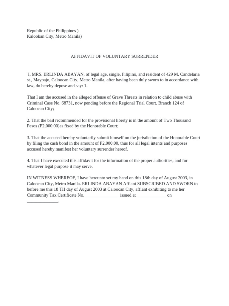 Affidavit of Voluntary Surrender Template | PDF | Law