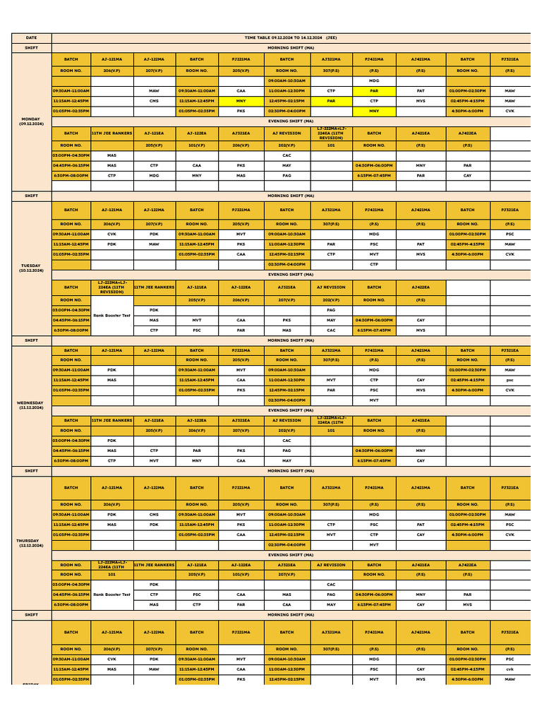 Weekly Time Table 0F 2024 2025 09 12 2024 To 14 12 2024 1 | PDF