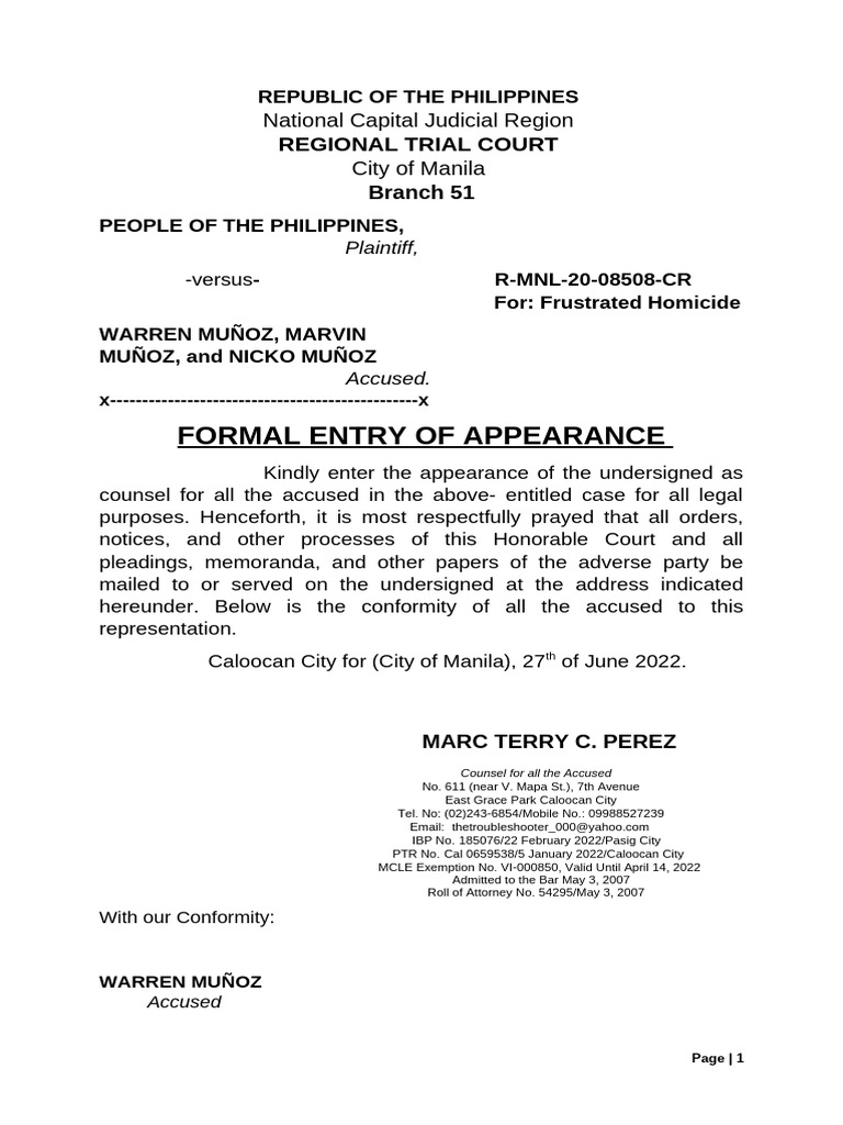 Formal Entry of Appearance Munoz | PDF | Legal Procedure | Common Law
