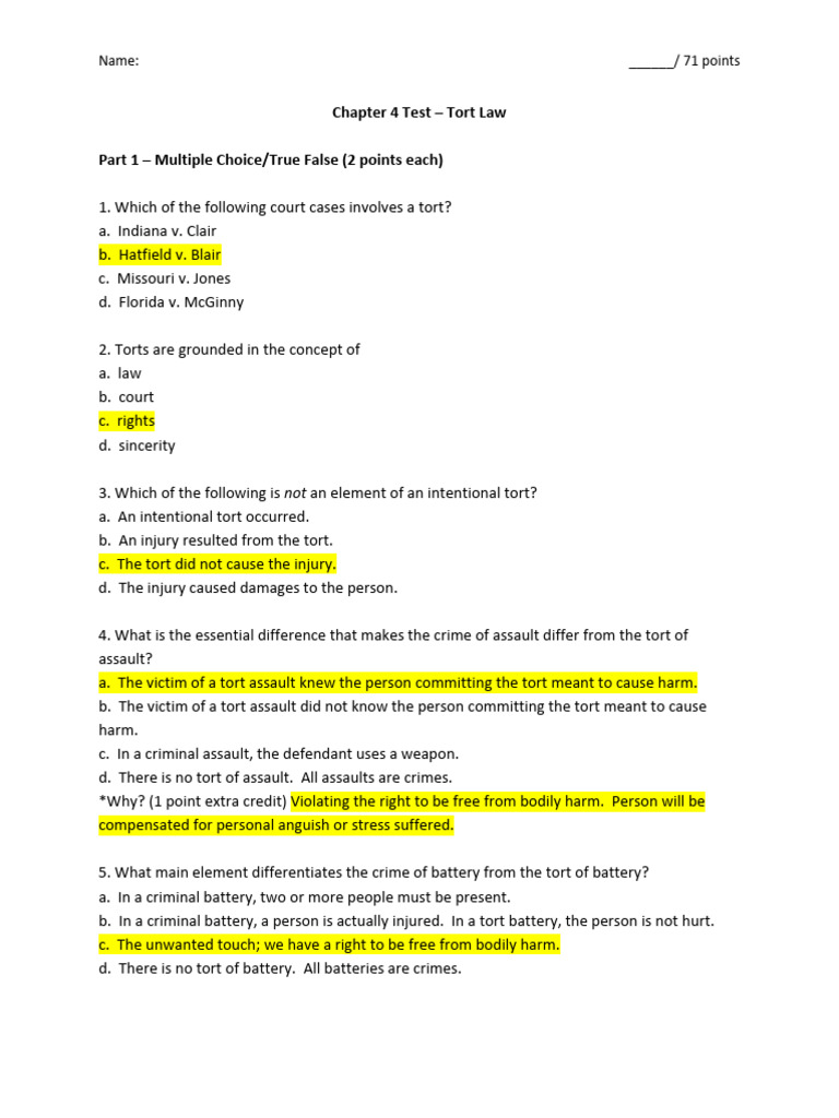 3 - Tort - Law MCQ | PDF | Negligence | Tort