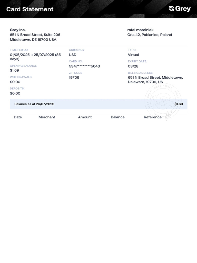 Grey Virtual Card E-Statement | PDF