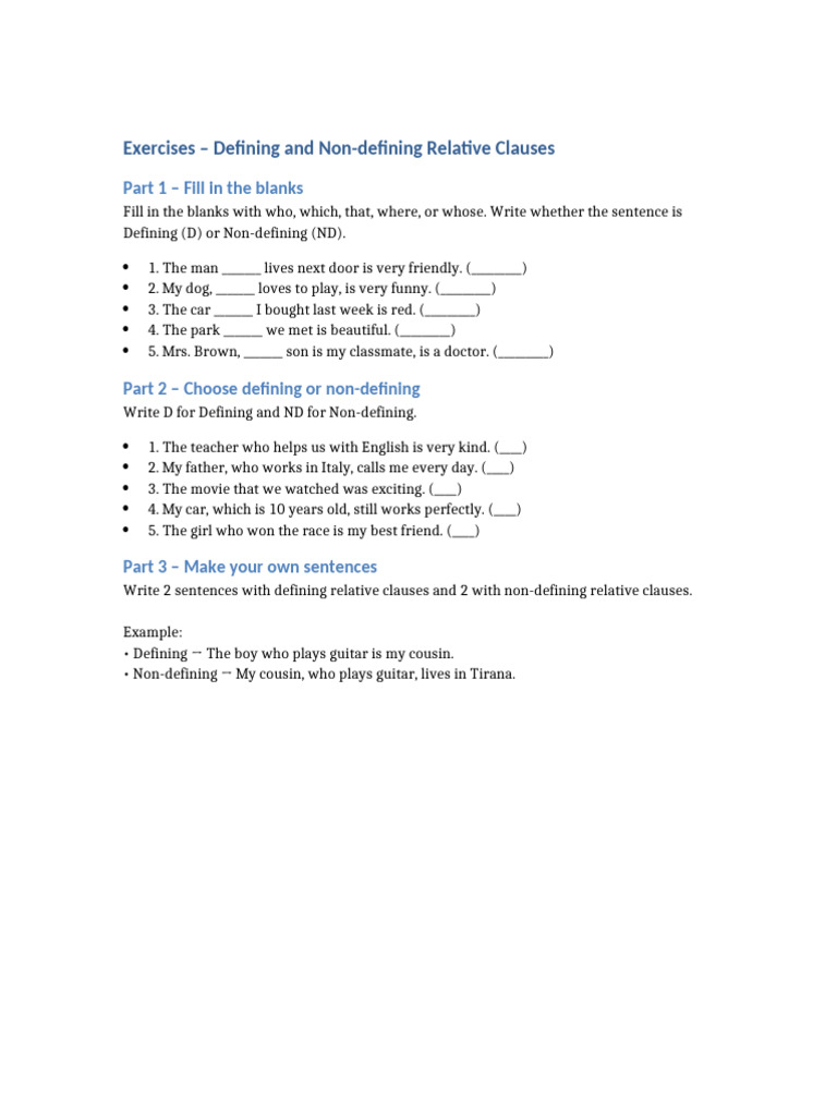 Exercises Defining and Non Defining Relative Clauses | PDF