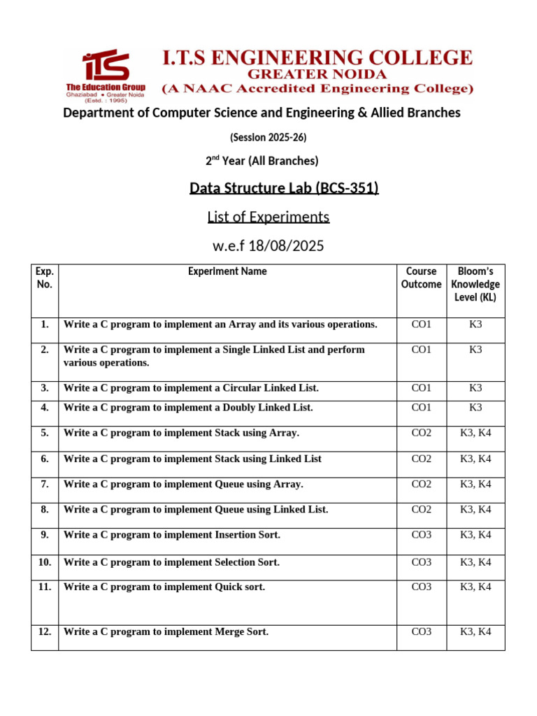 Data Structures List of Experiments | PDF | Applied Mathematics | Computer Programming