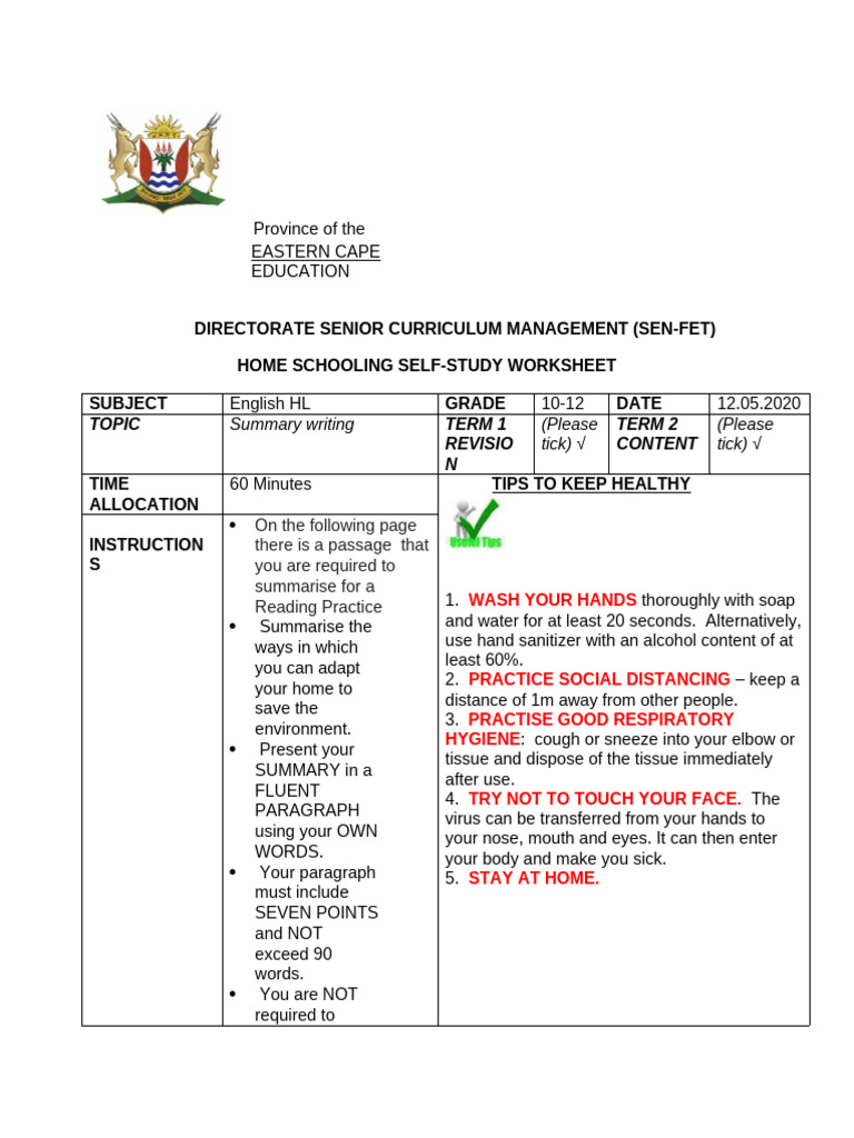English HL Grade 10-12 Summary Writing Worksheet -1 | PDF | Clothes ...